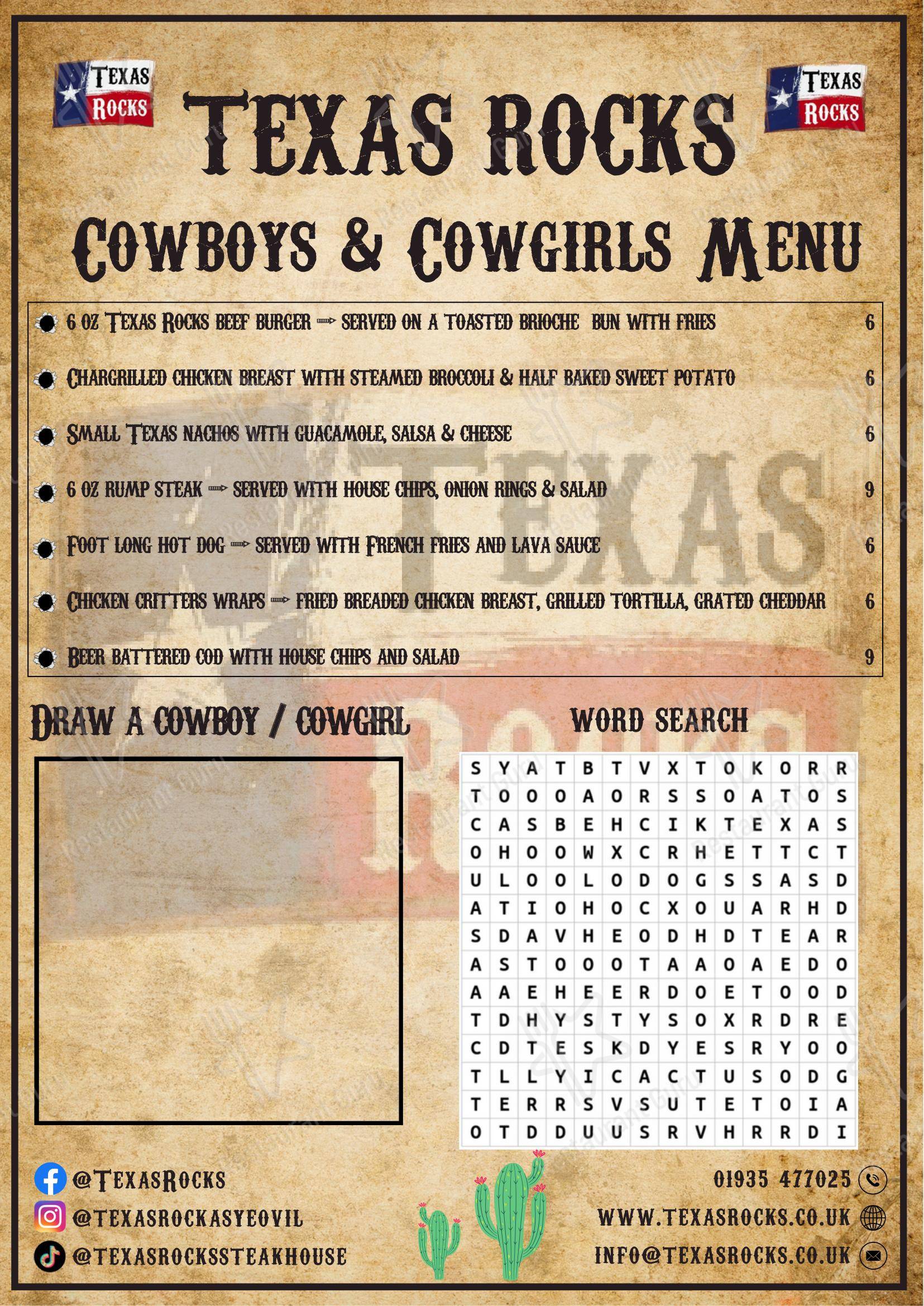 Menu at Texas Rocks restaurant, Yeovil