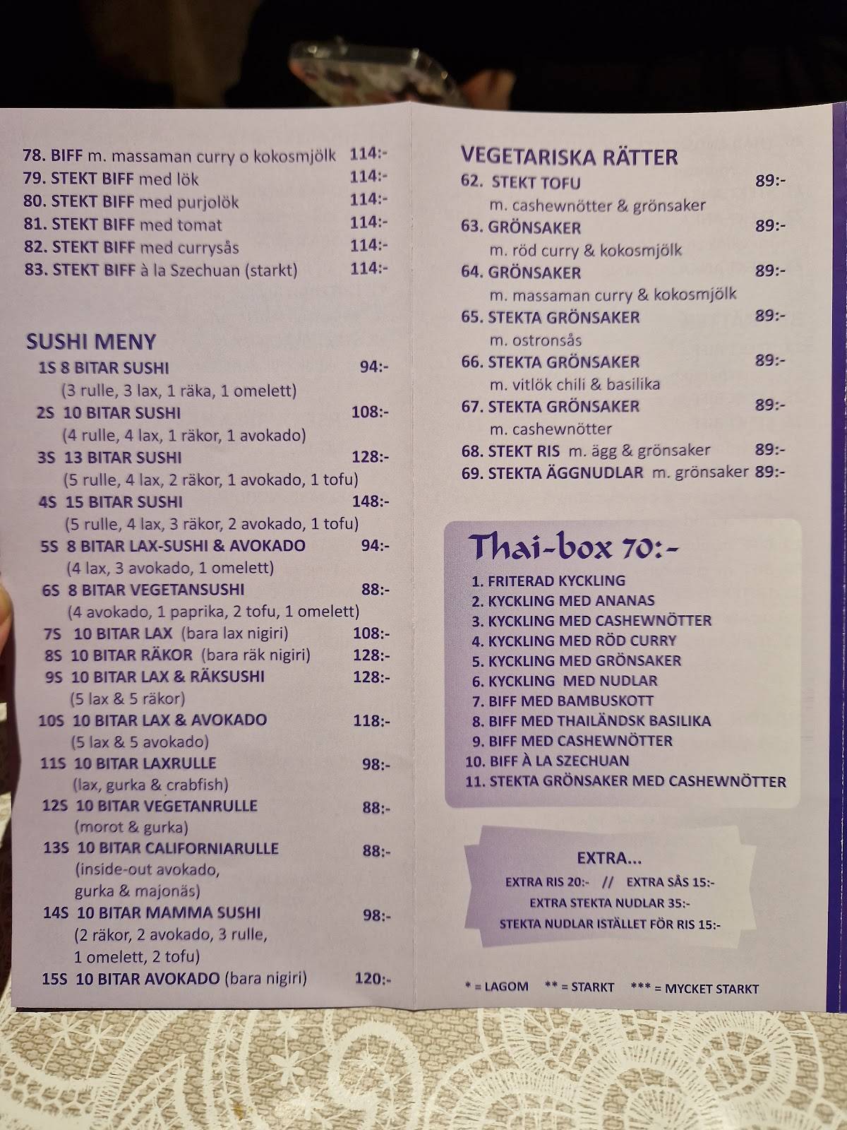 Menu at Thai Corner restaurant, Ronneby