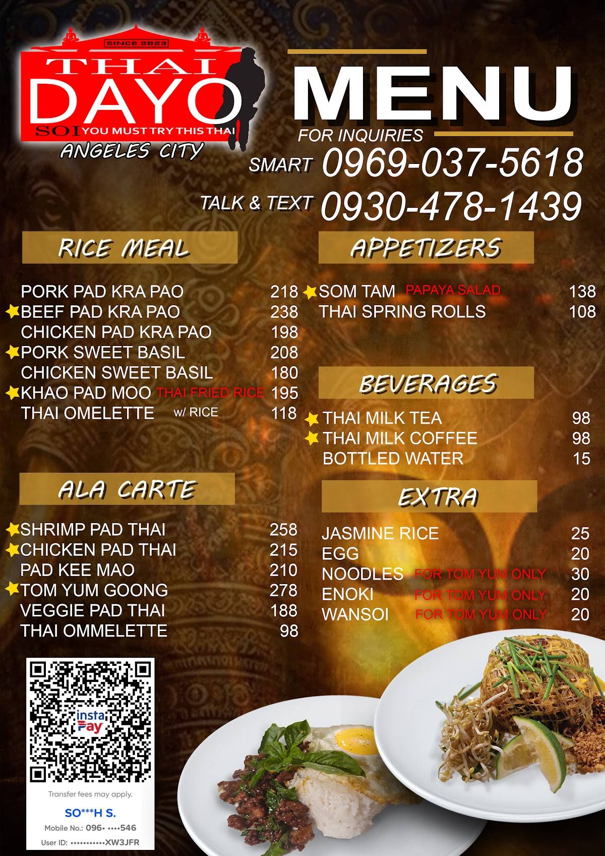 Menu at Thai Dayo Soi restaurant, Angeles, MacArthur Hwy