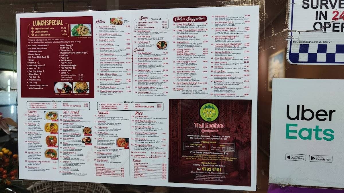 Menu at Thai Elephant MILPERRA restaurant, Milperra