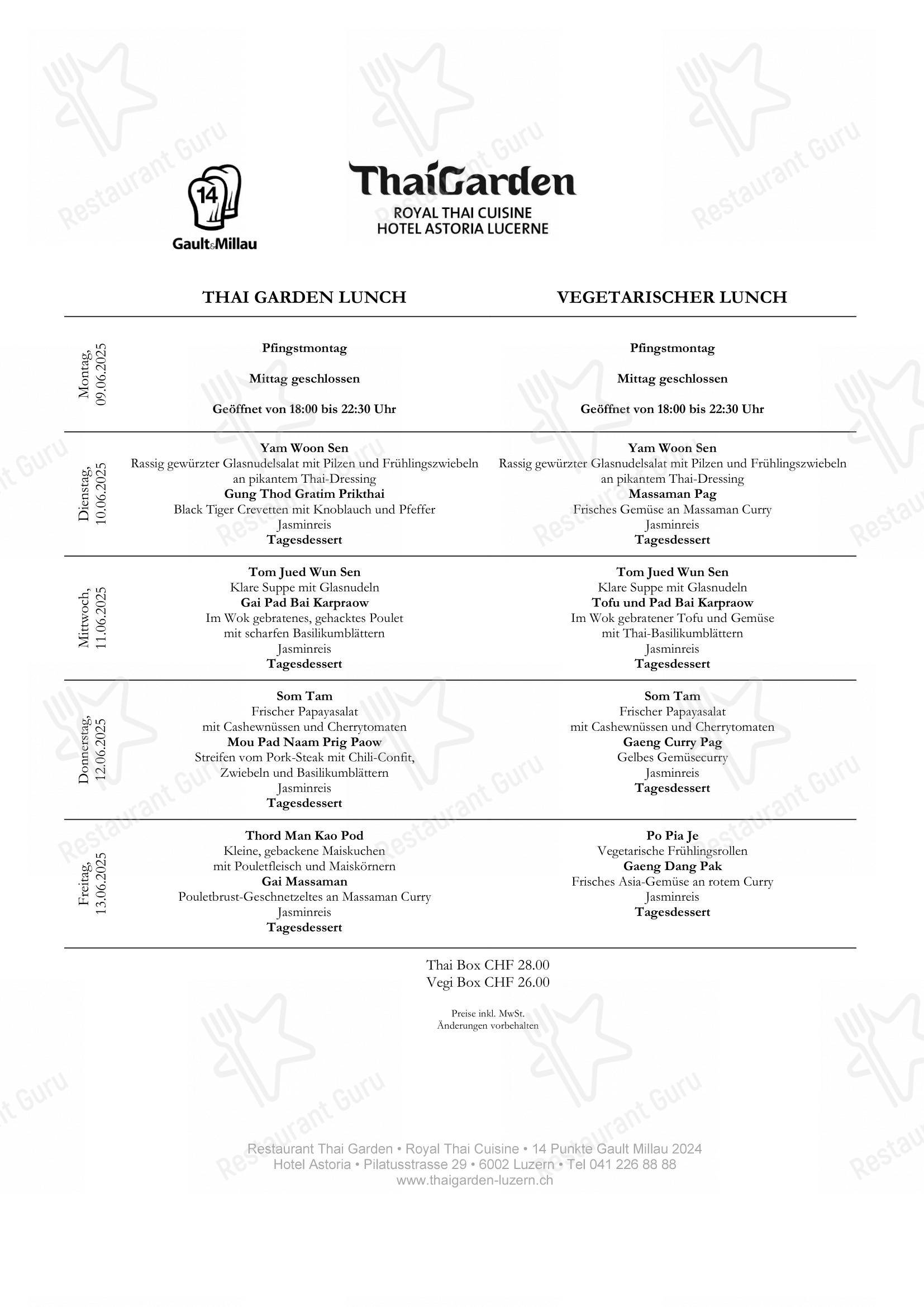 Menu at Thai Garden – Royal Thai Cuisine, Lucerne