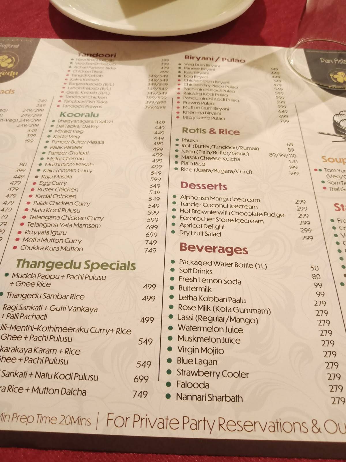 Menu at Thangedu, Rai Durg