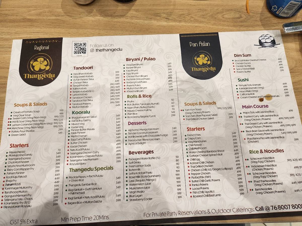 Menu at Thangedu, Rai Durg