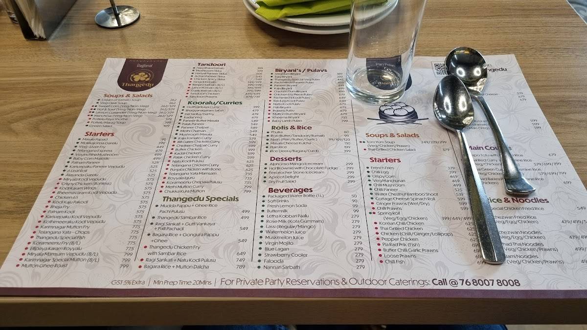 Menu at Thangedu, Rai Durg