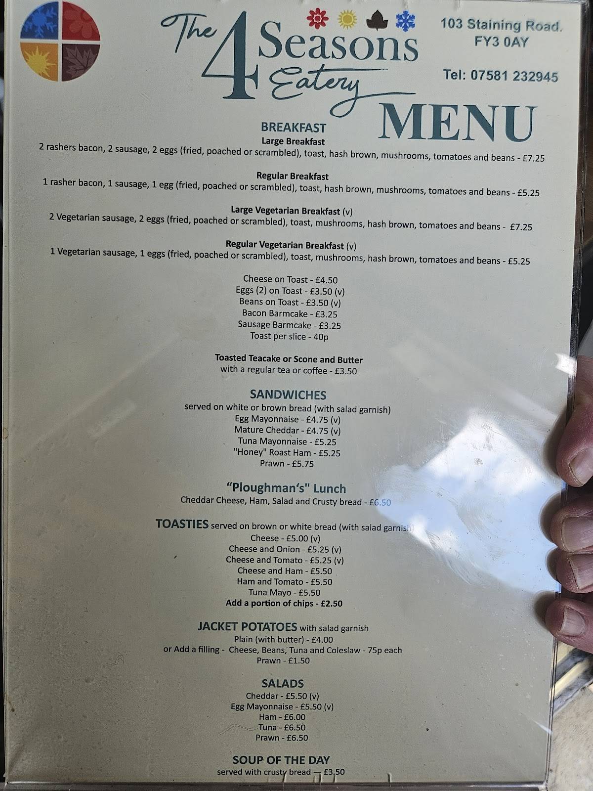 Menu at The 4 Seasons Eatery cafe, Blackpool