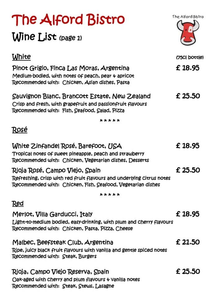 Menu at The Alford Bistro restaurant, Alford
