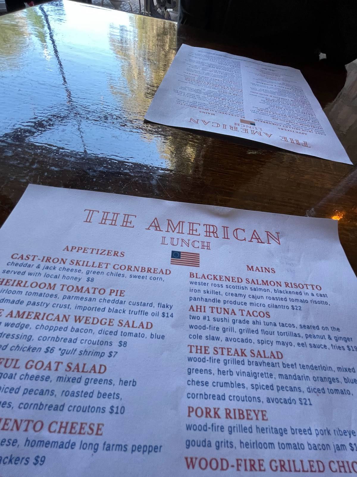 Menu at The American restaurant, Bainbridge
