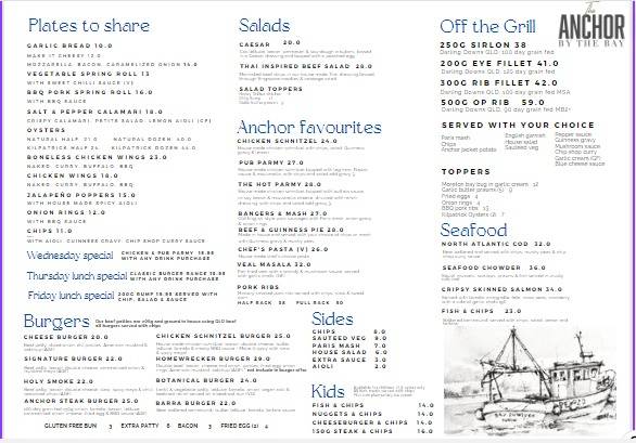 Menu at The Anchor by the Bay restaurant, Cleveland