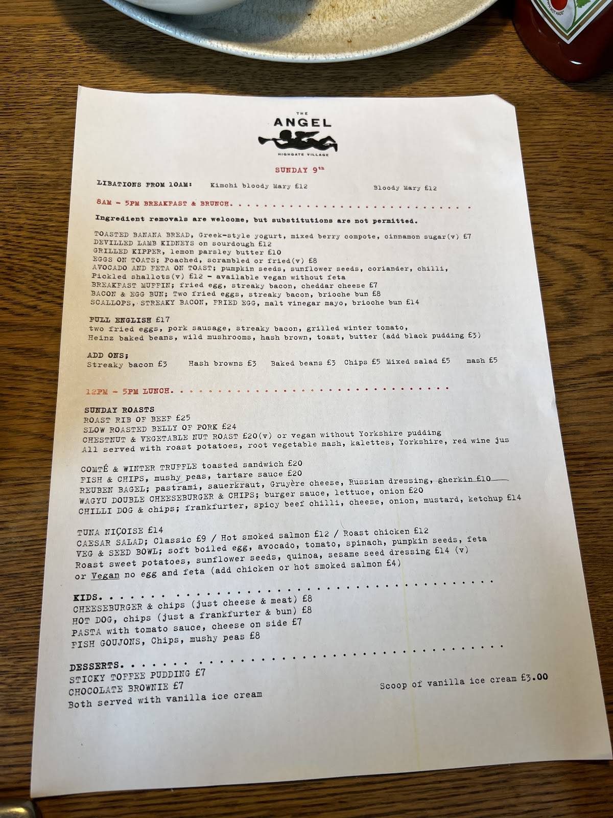 Menu at The Angel pub & bar, London, 37 Highgate High St
