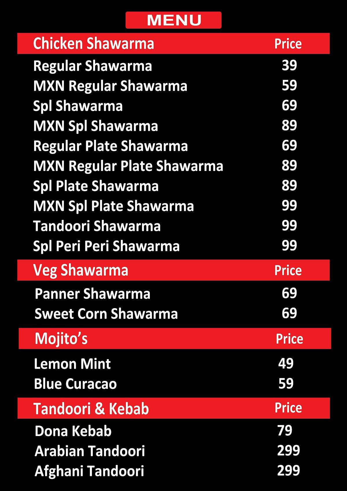 Menu at The Arab Kings, Chennai