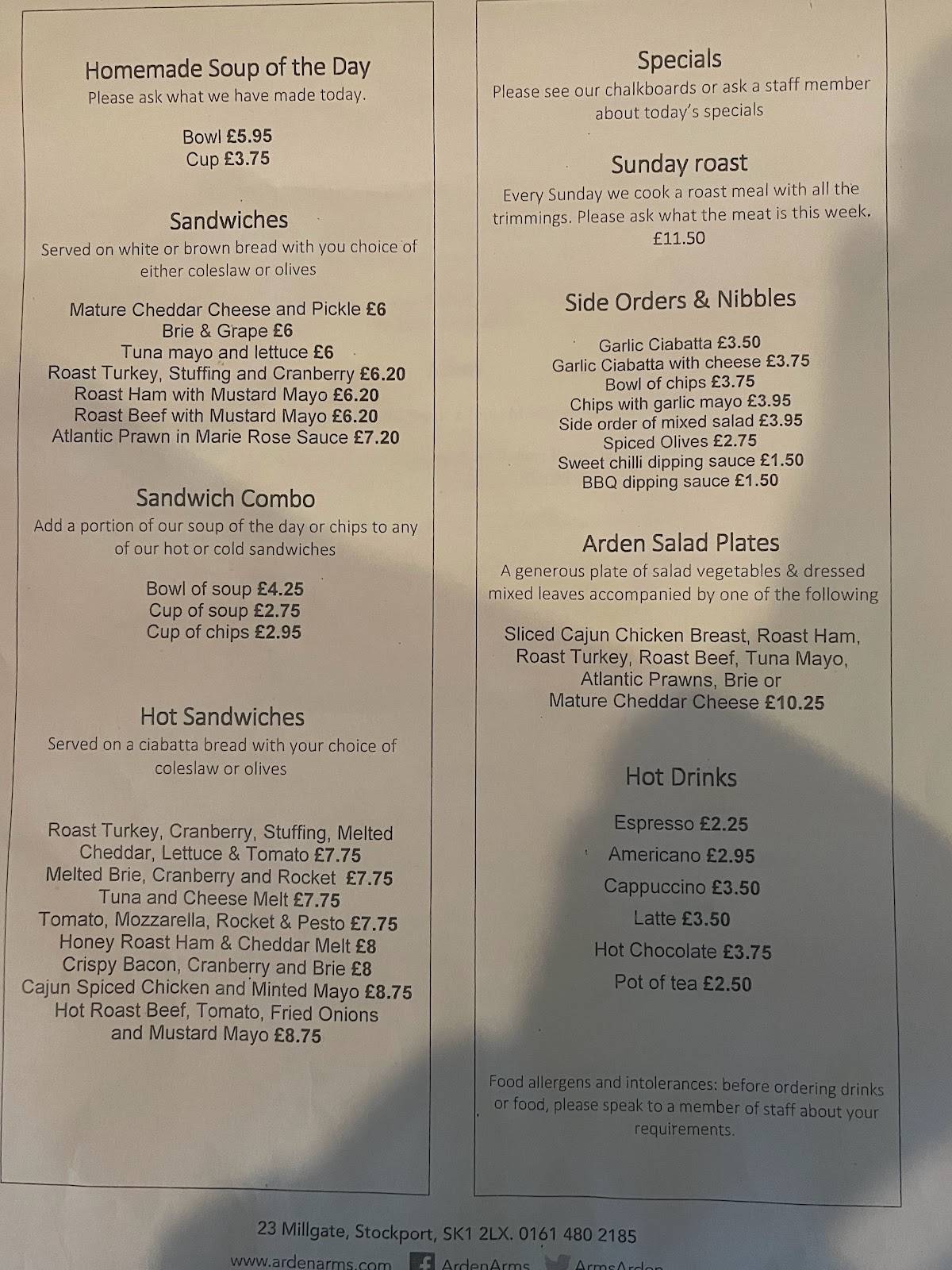Menu at The Arden Arms pub & bar, Stockport, 23 Millgate