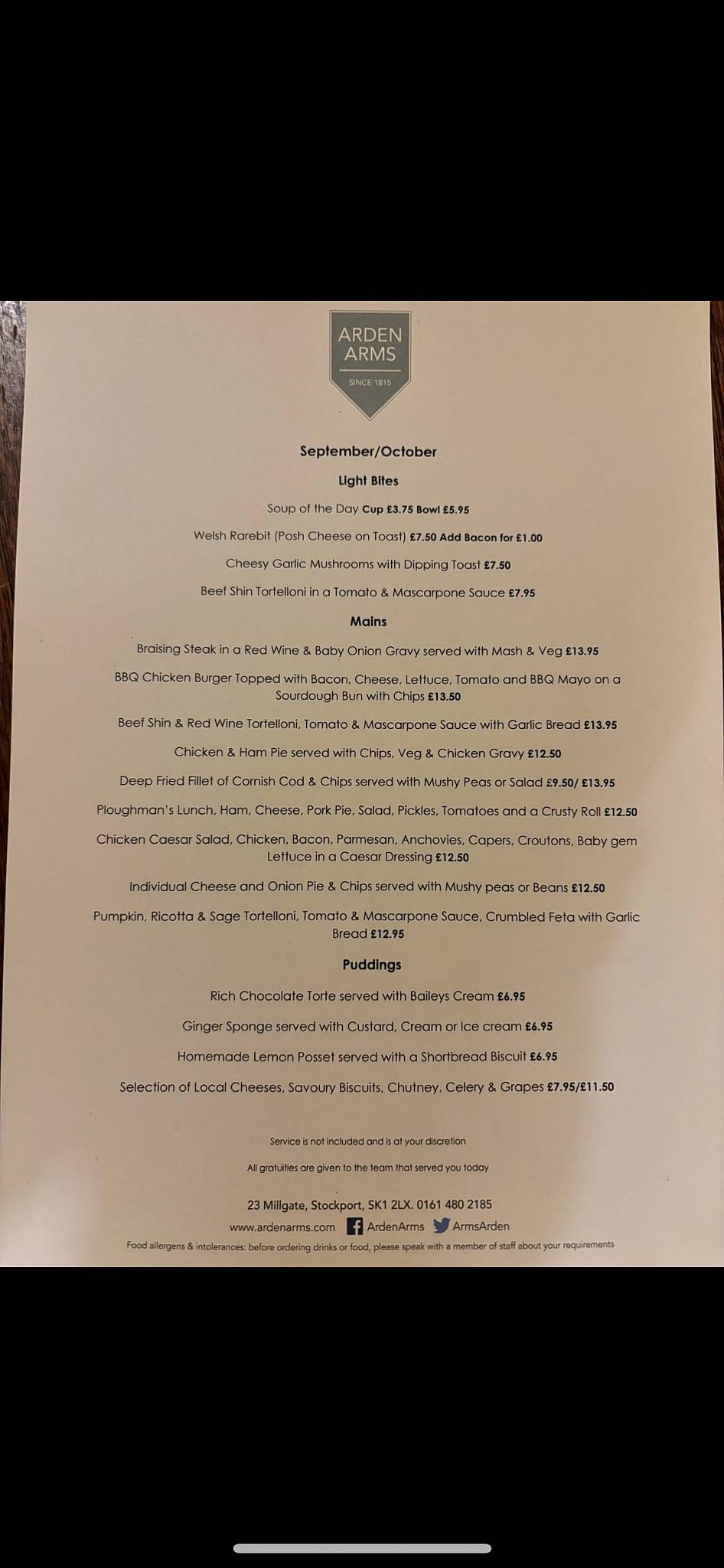 Menu at The Arden Arms pub & bar, Stockport, 23 Millgate