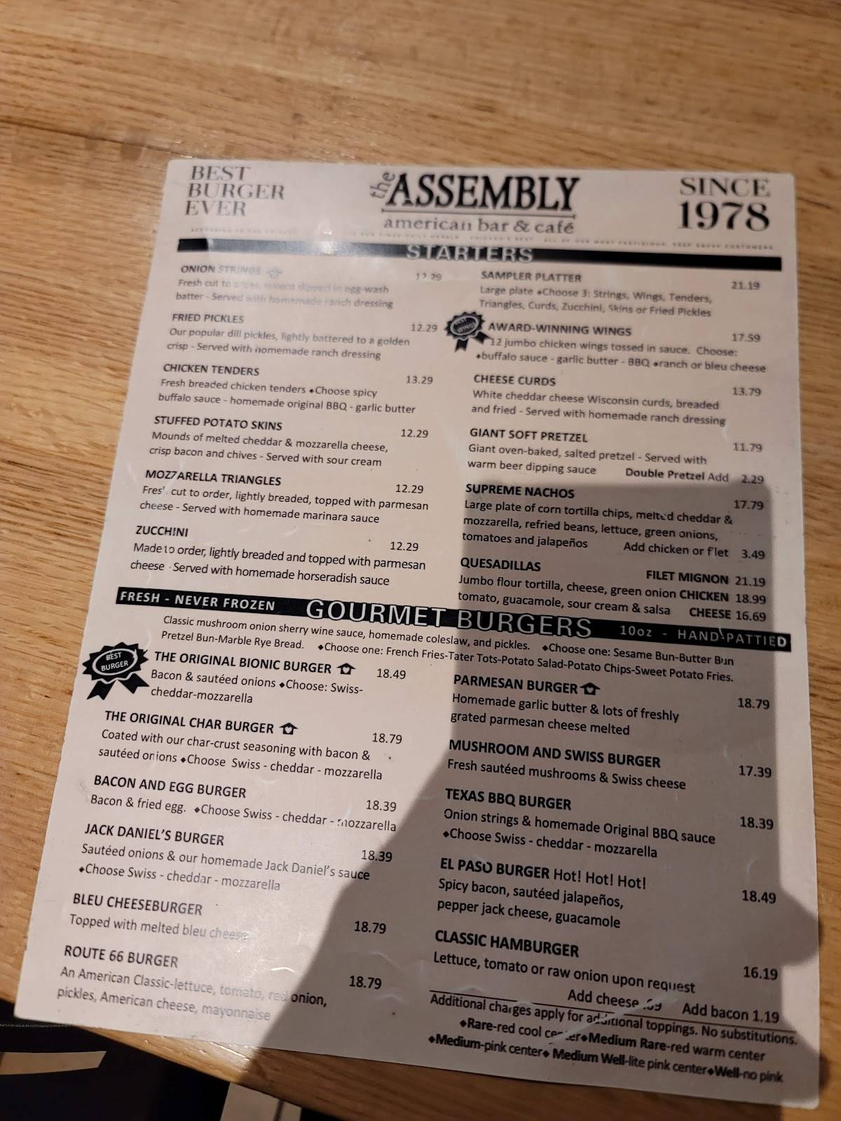 Menu at The Assembly American Bar & Cafe, Hoffman Estates