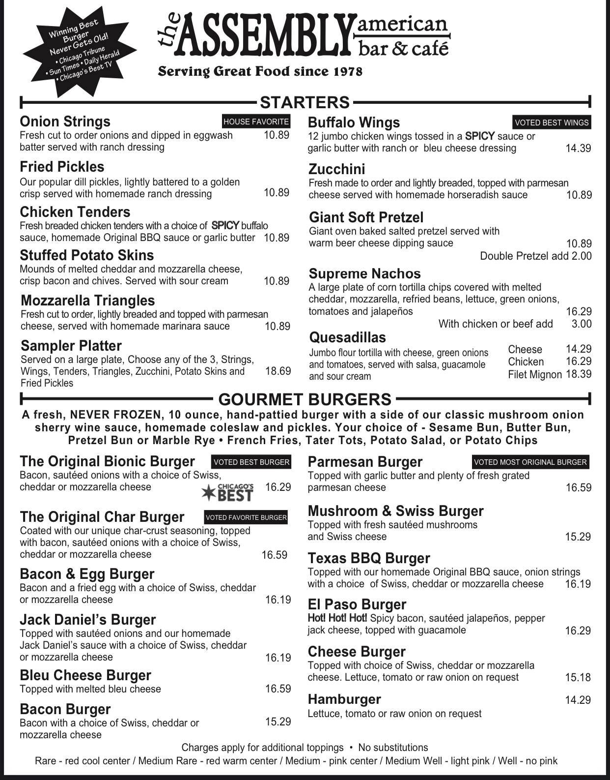 Menu at The Assembly American Bar & Cafe, Hoffman Estates