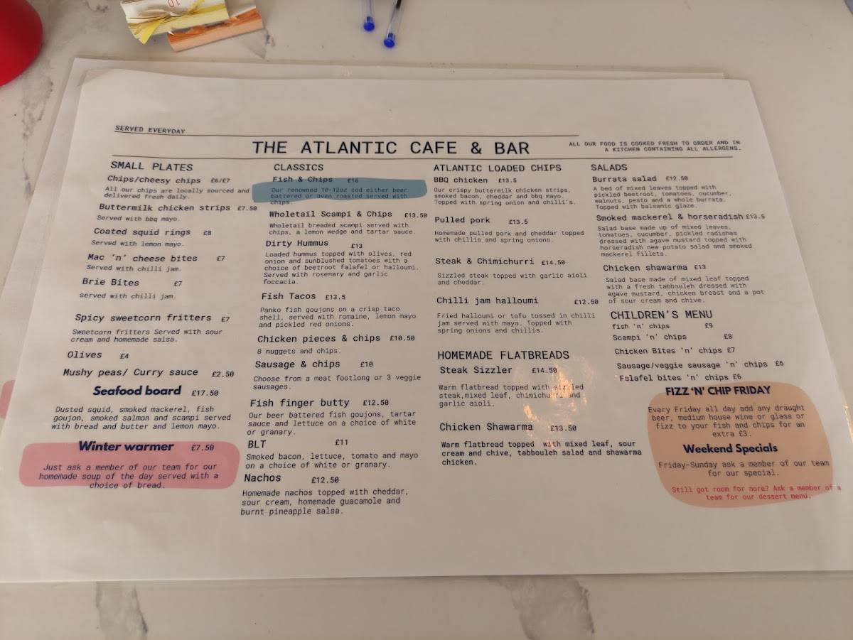 Menu at The Atlantic Cafe Bar, Redruth