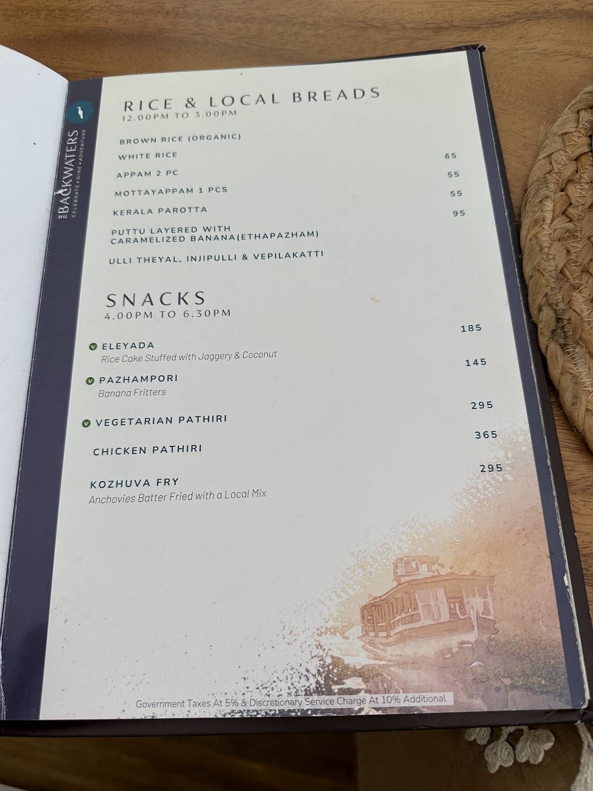 Menu at The Backwaters, Kochi