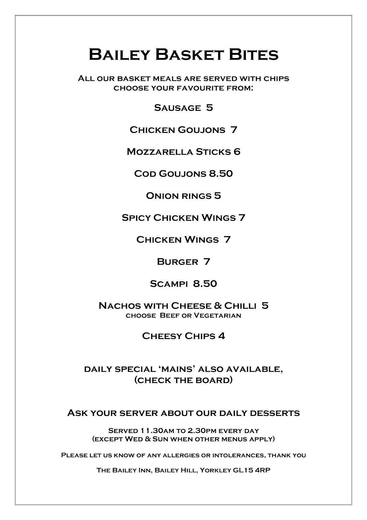 Menu at The Bailey Inn pub & bar, Lydney