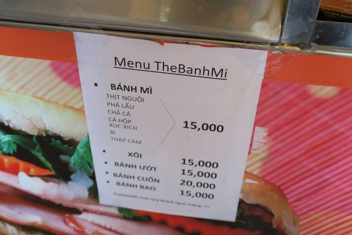 Menu at The Banh Mi restaurant, Ho Chi Minh City