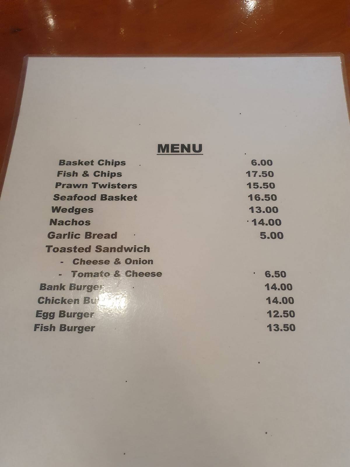 Menu at The Bank Bar, Kaikohe