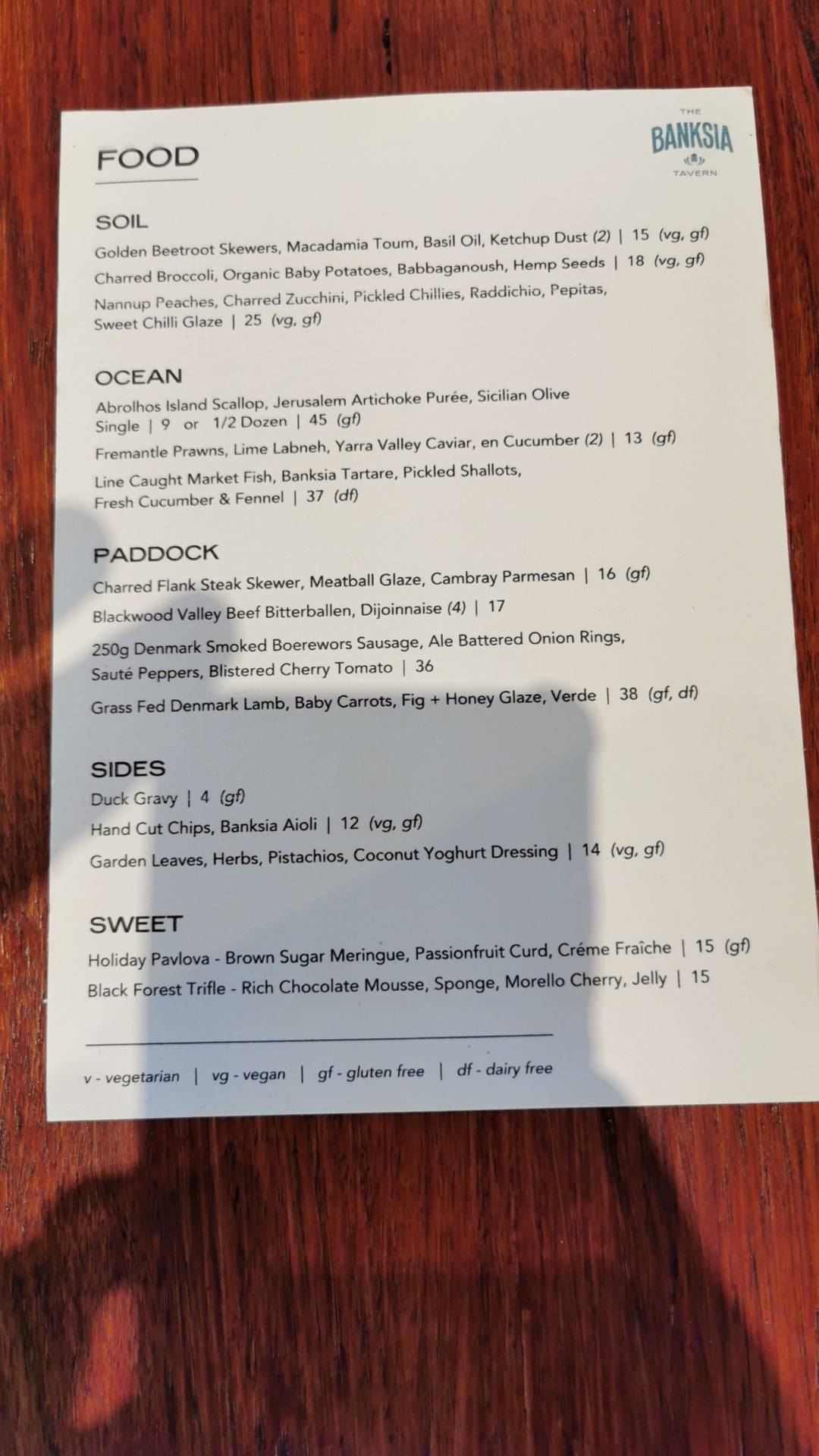 Menu at The Banksia Tavern restaurant, Busselton