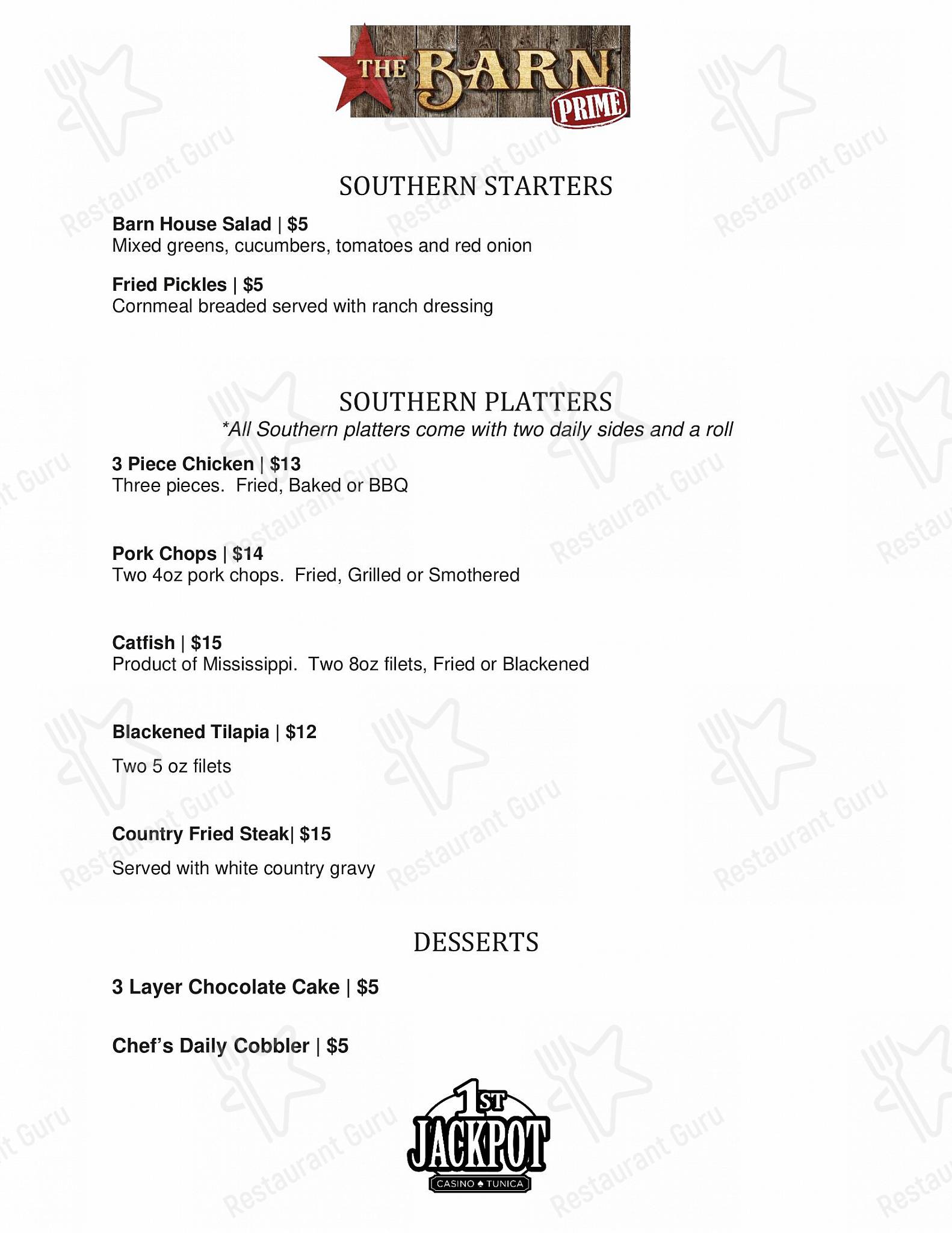Menu at The Barn Prime, Tunica Resorts, Jackpot Boulevard