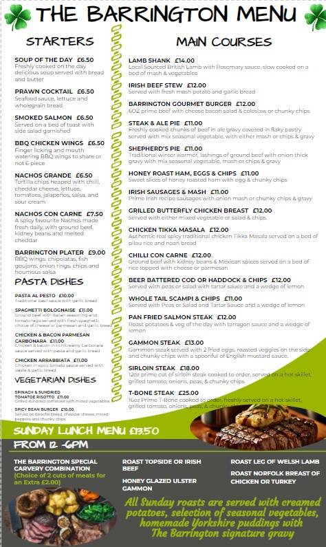 Menu at The Barrington Pub, Barnet