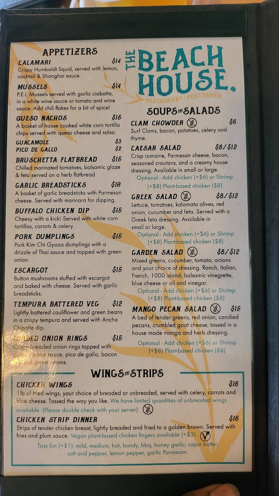 Menu at The Beach House steakhouse, Port Dover