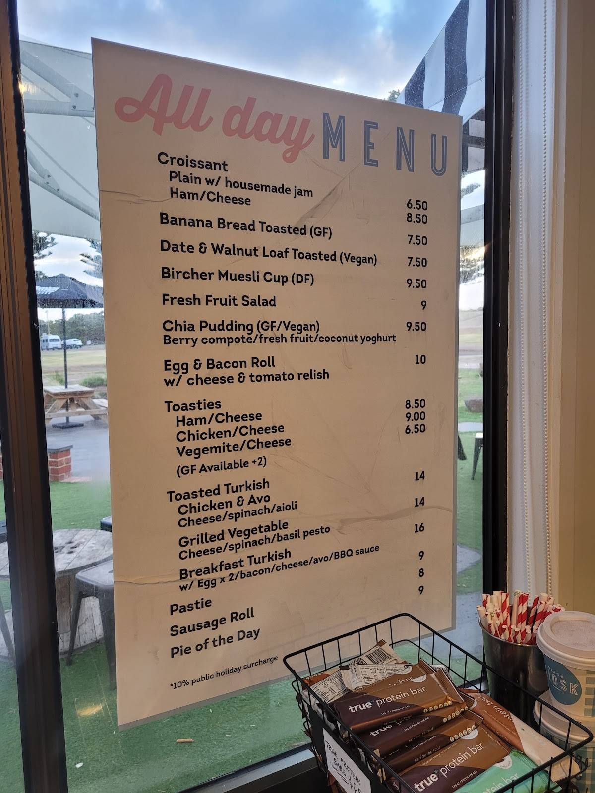 Menu at The Beach Kiosk Cafe, Warrnambool, 65 Pertobe Rd