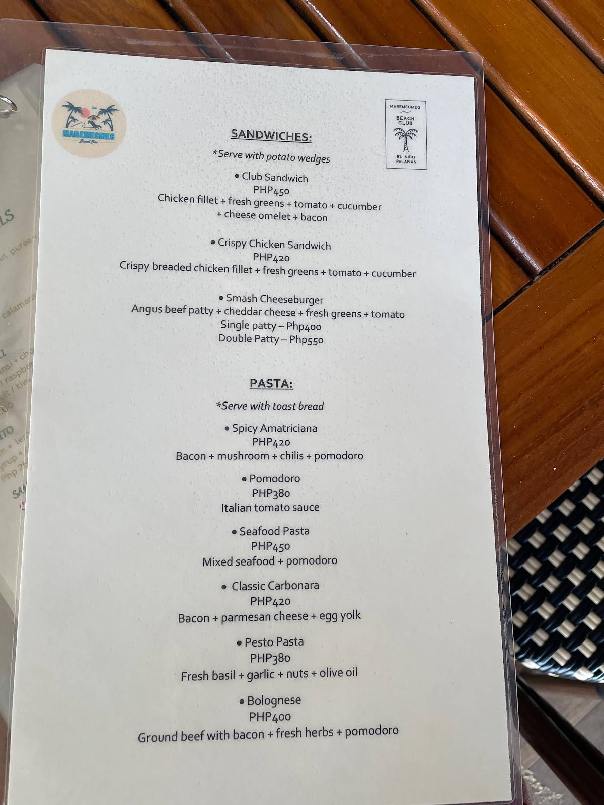 Menu at The Beach Shack pub & bar, El Nido, Marimegmeg Beach Front
