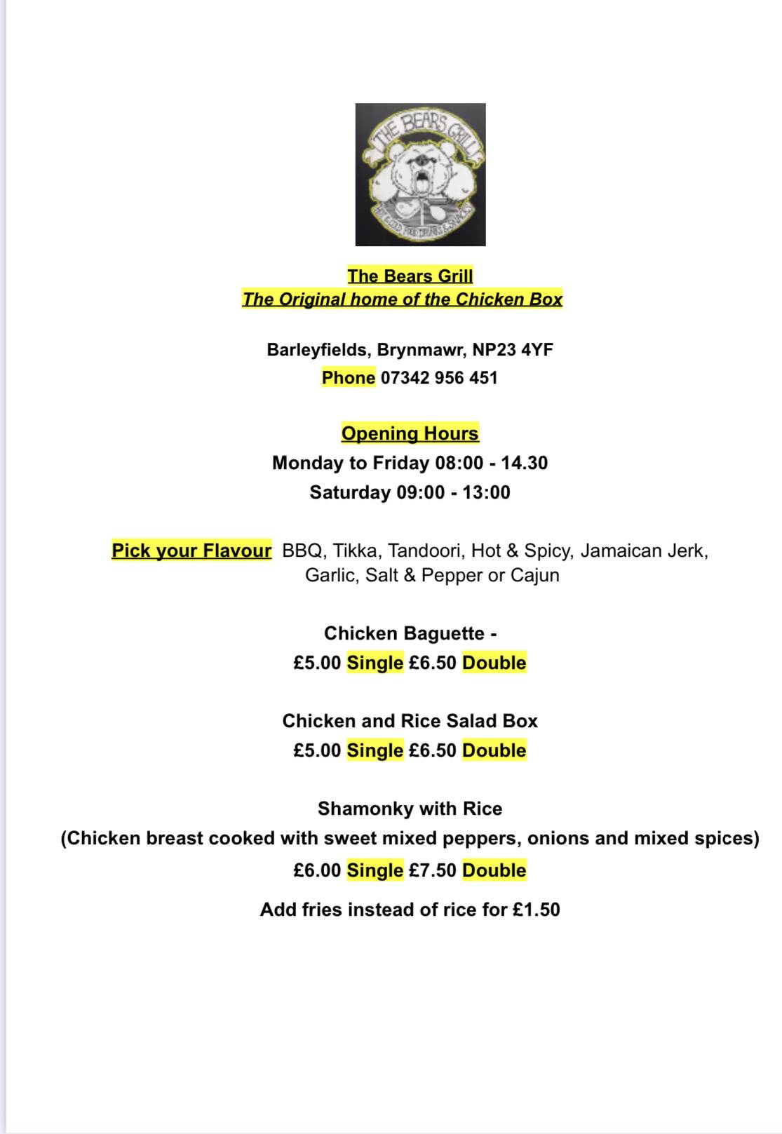 Menu at The Bears Grill restaurant, Ebbw Vale