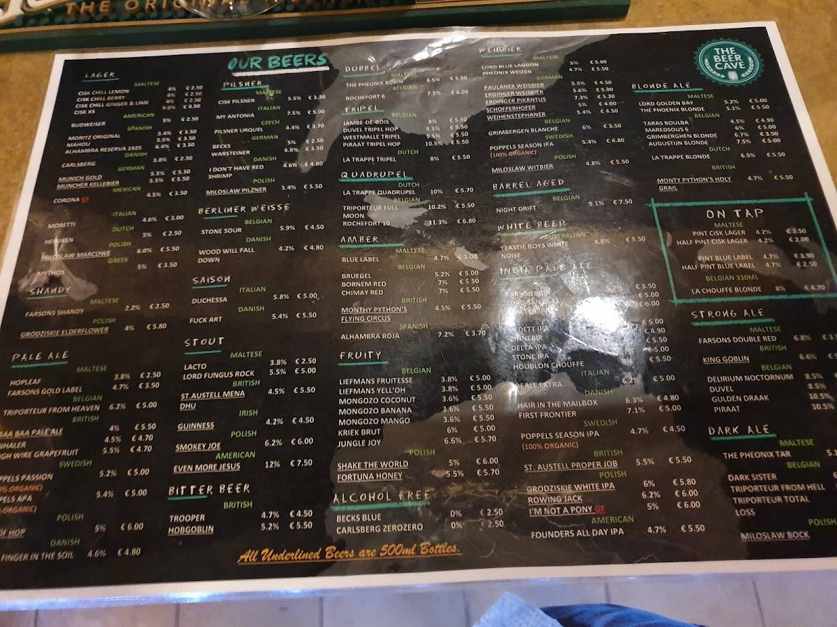 Menu at The Beer Cave pub & bar, Valletta