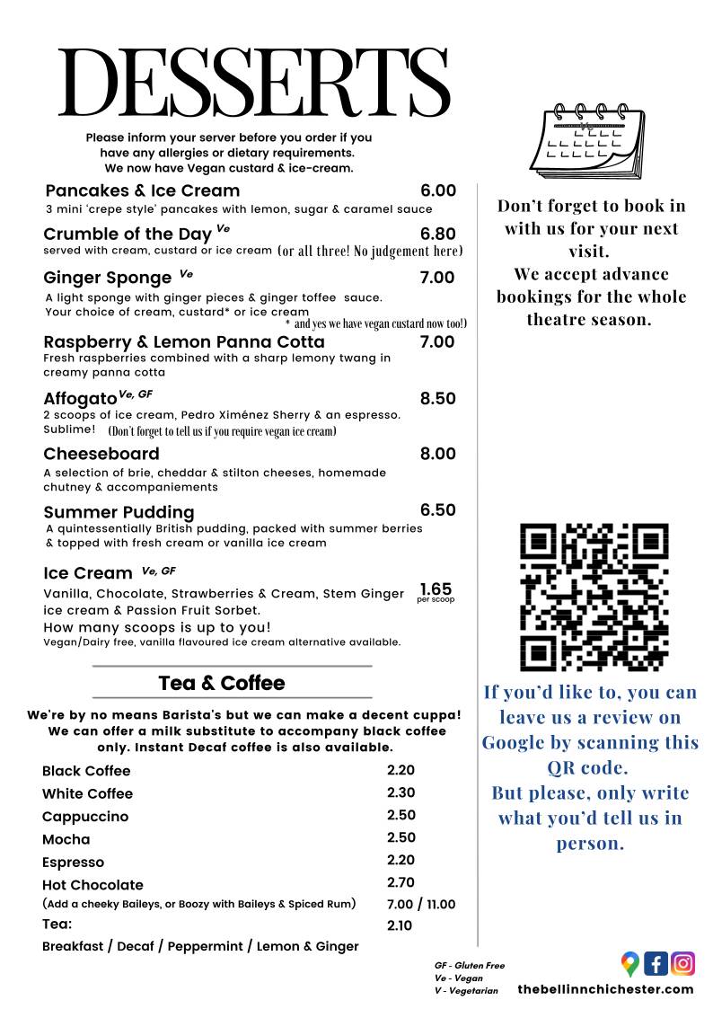 Menu at The Bell Inn pub & bar, Chichester
