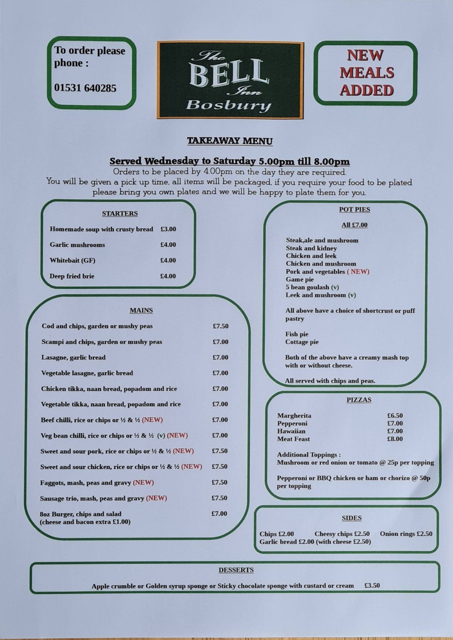 Menu at The Bell Inn Bosbury pub & bar, Bosbury