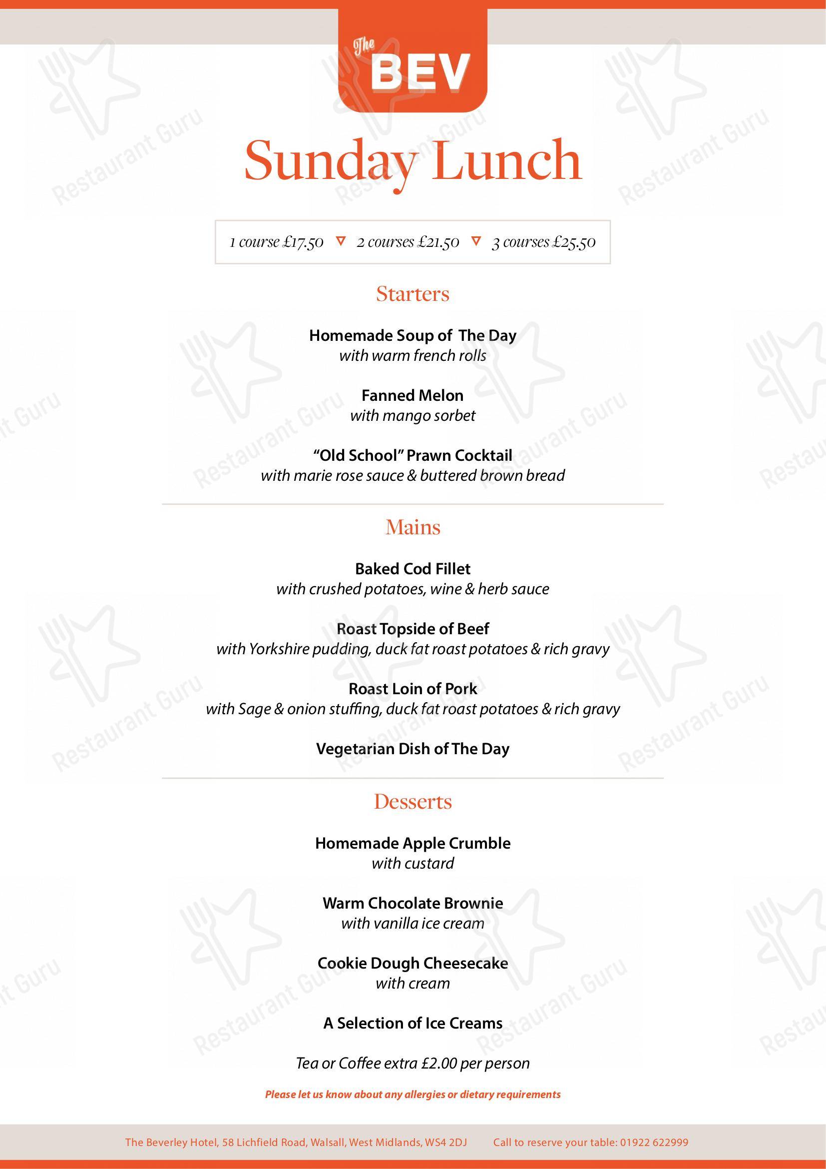 Menu at The Bev Hotel restaurant, Walsall, 58 Lichfield Rd