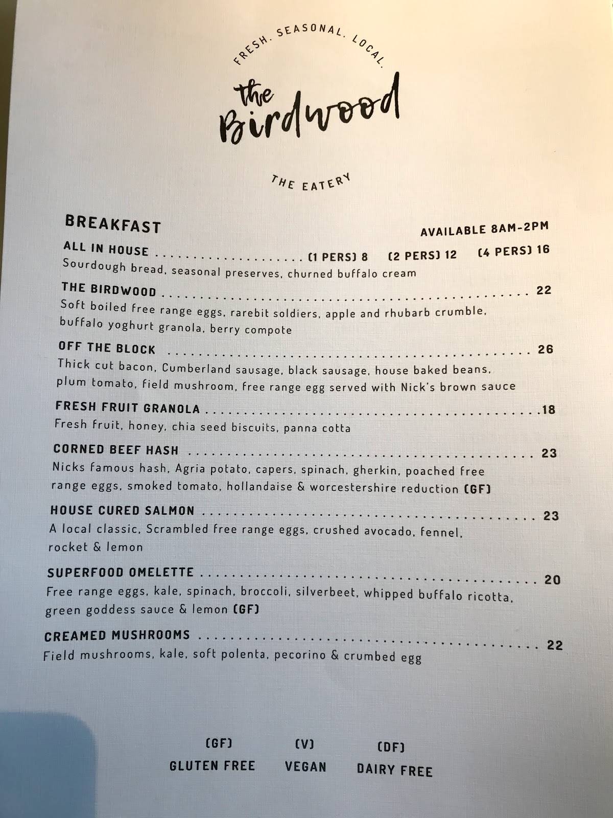 Menu at The Birdwood restaurant, Christchurch
