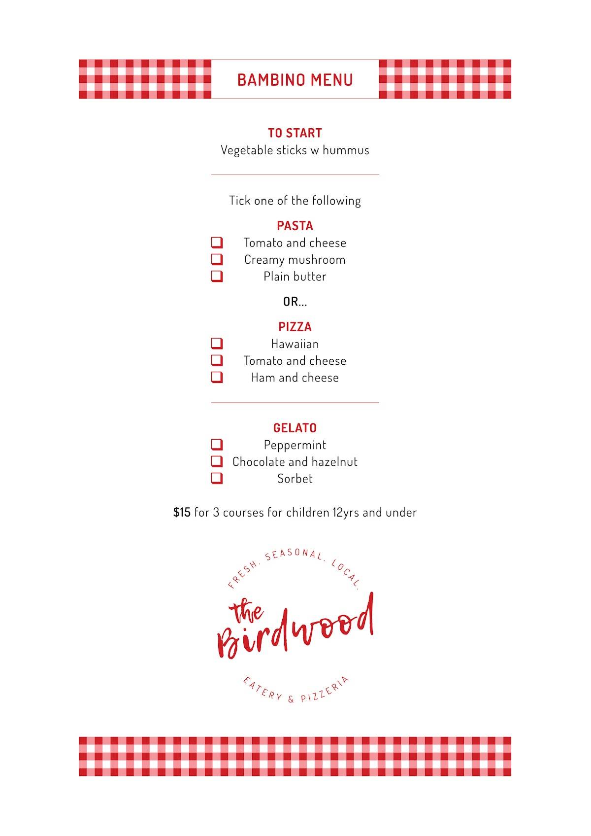 Menu at The Birdwood restaurant, Christchurch