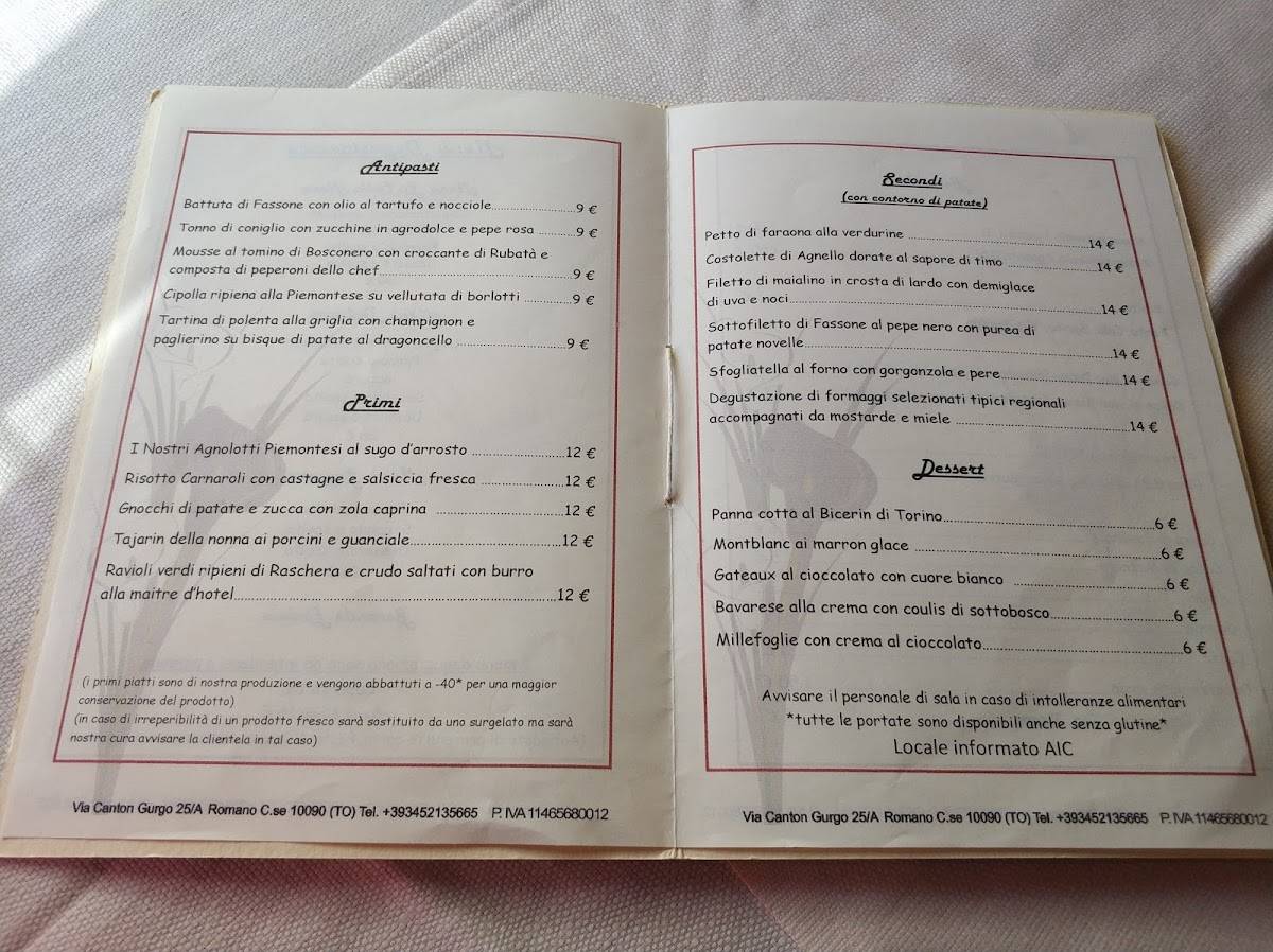 Menu at The Black Calla restaurant, Romano Canavese