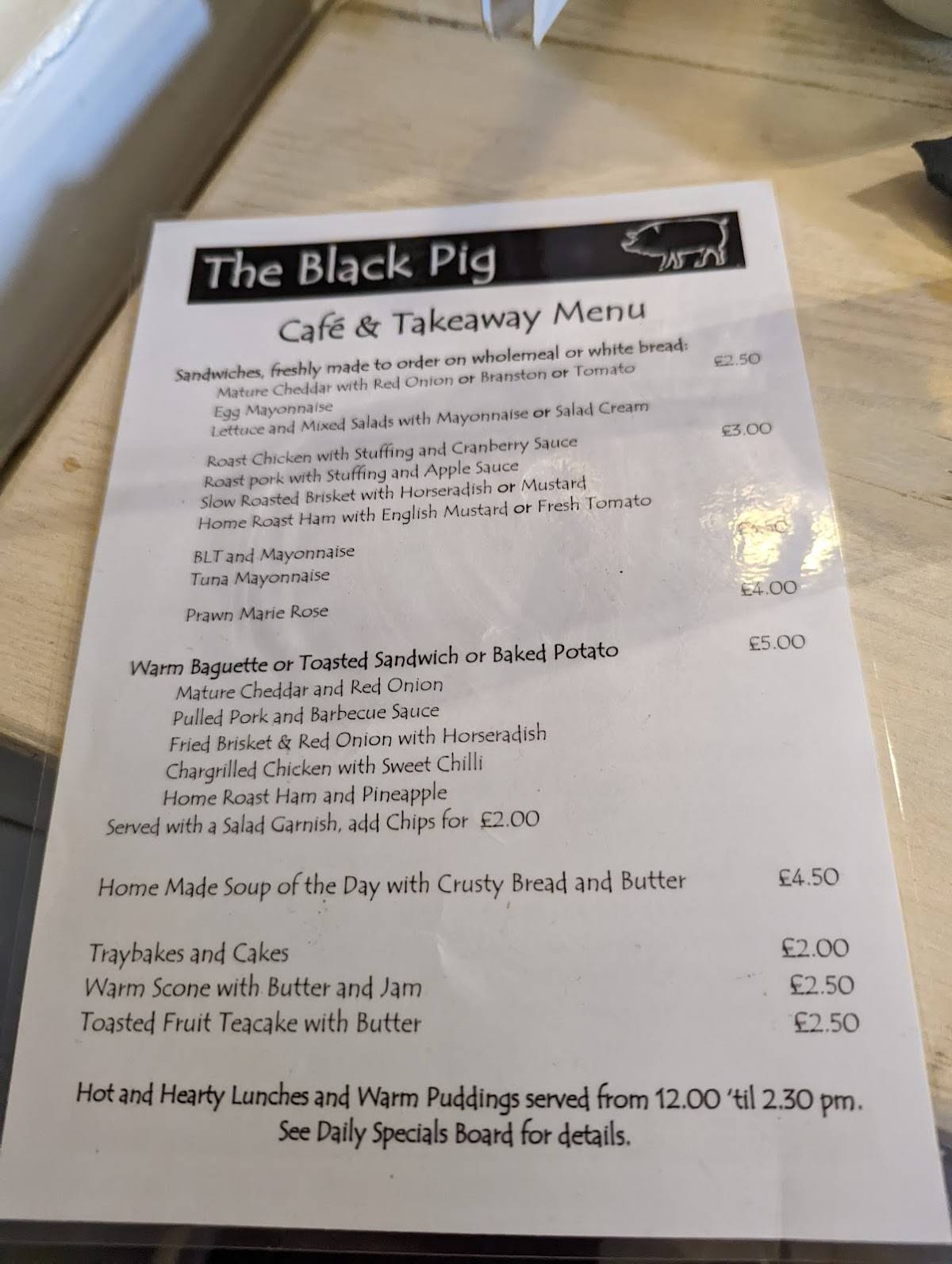Menu at The Black Pig cafe, Bentham