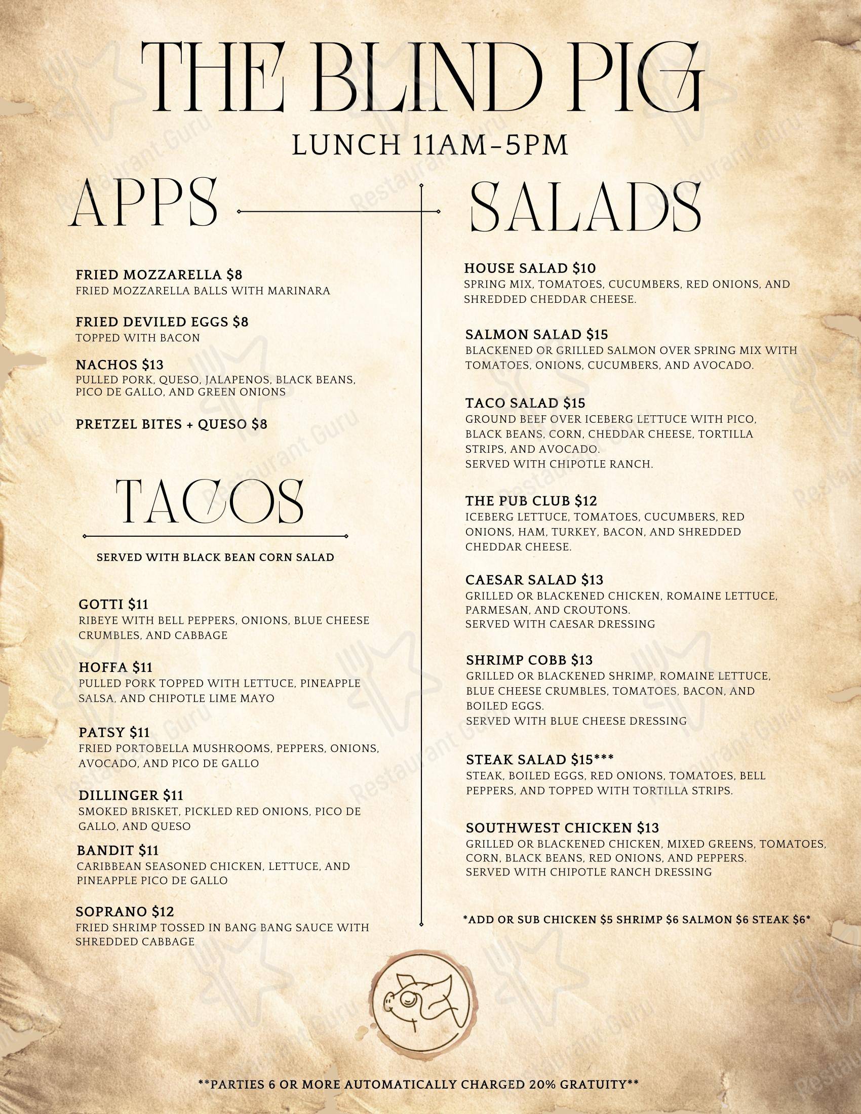 Menu at The Blind Pig Pub, Hartsville