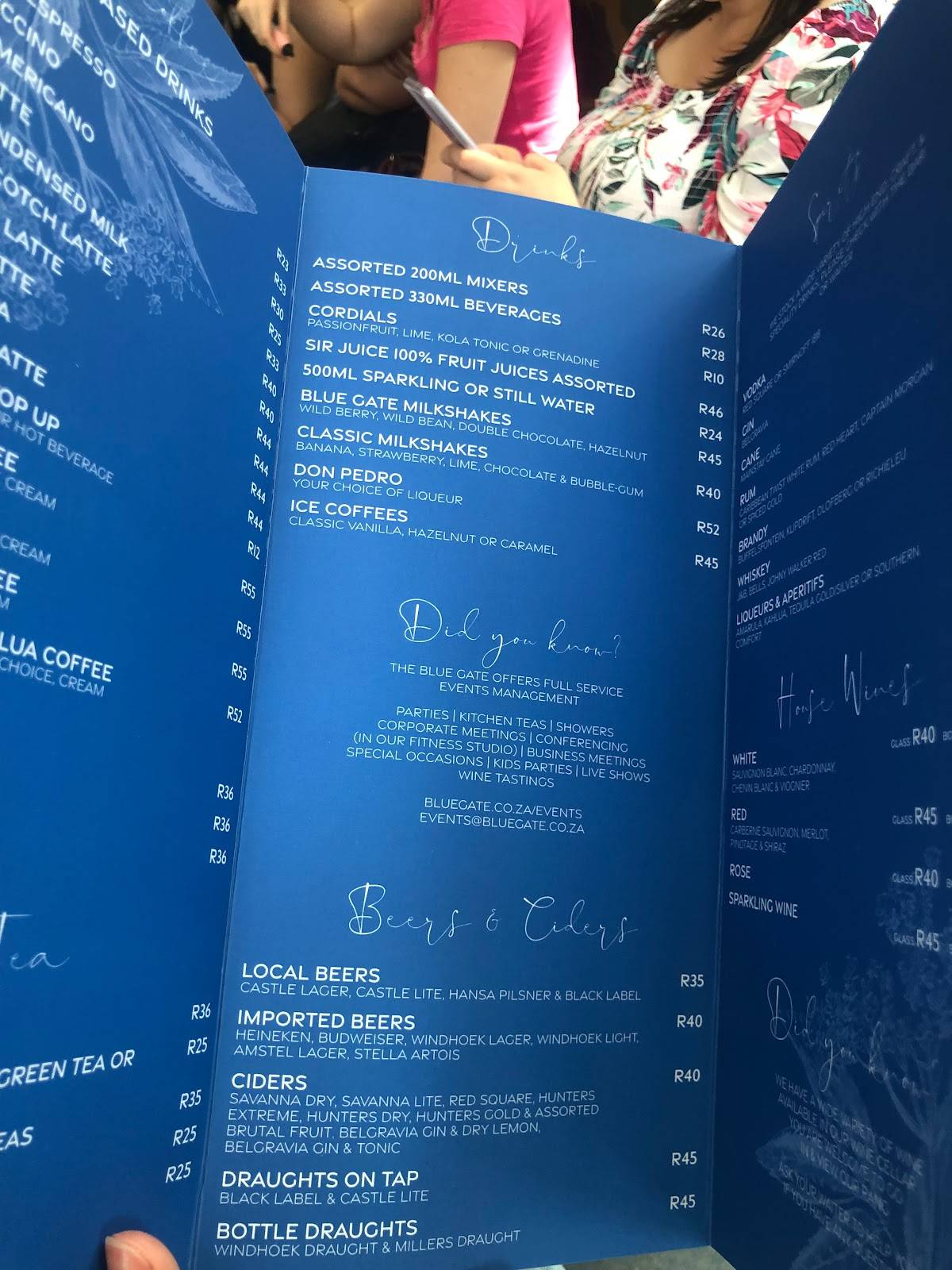 Menu at The Blue Gate restaurant, Nelspruit