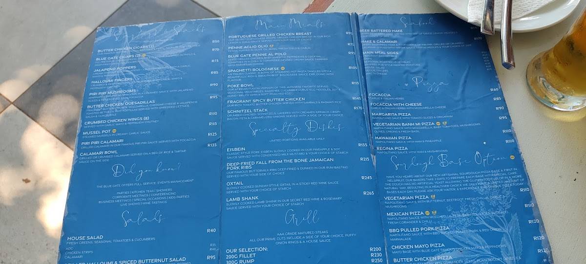 Menu at The Blue Gate restaurant, Nelspruit