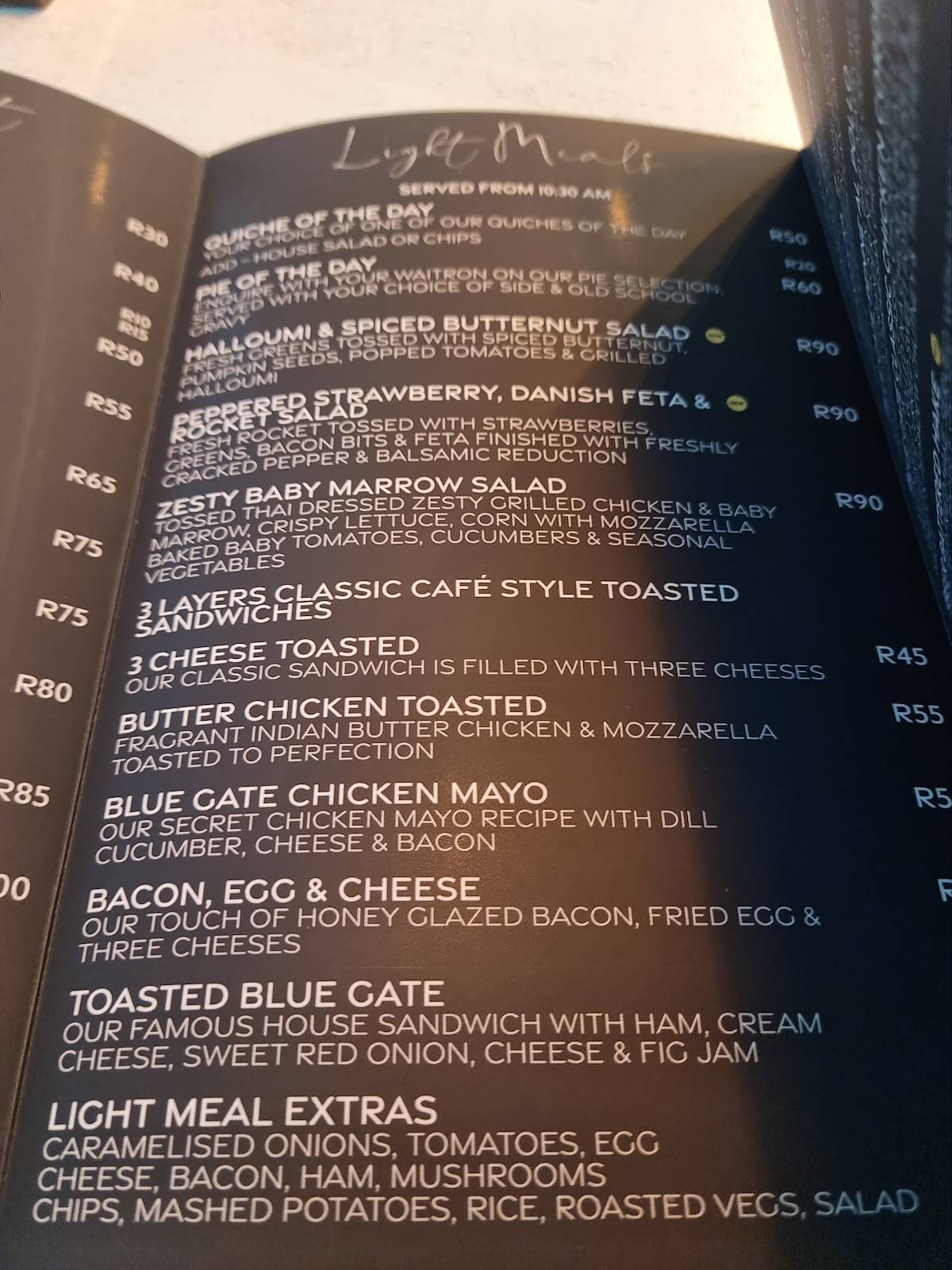 Menu at The Blue Gate restaurant, Nelspruit