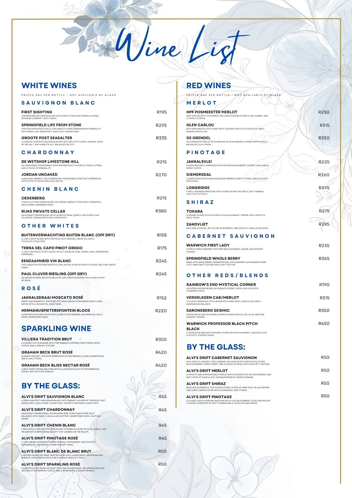 Menu at The Blue Gate restaurant, Nelspruit