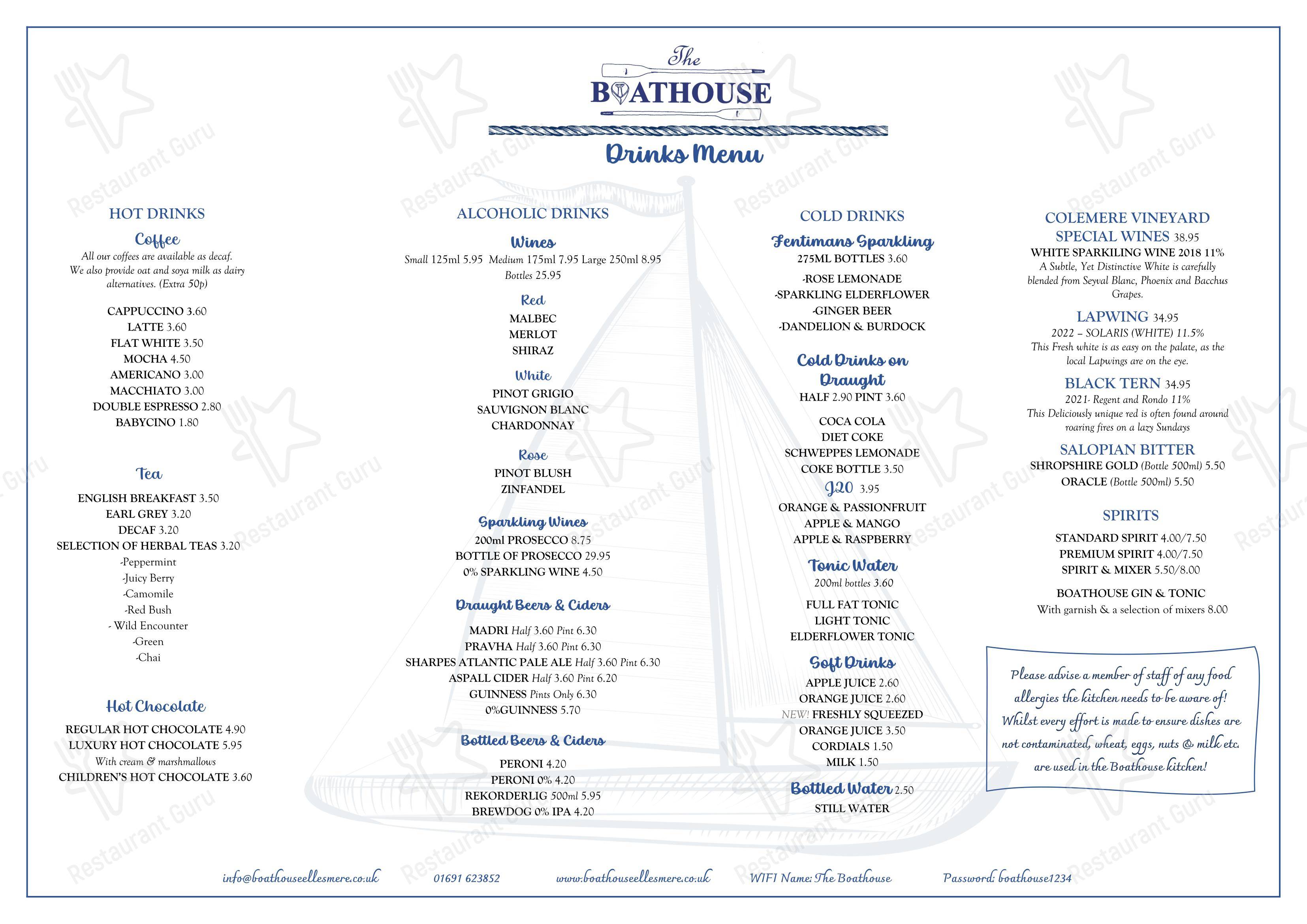 Menu at The Boat House cafe, Ellesmere