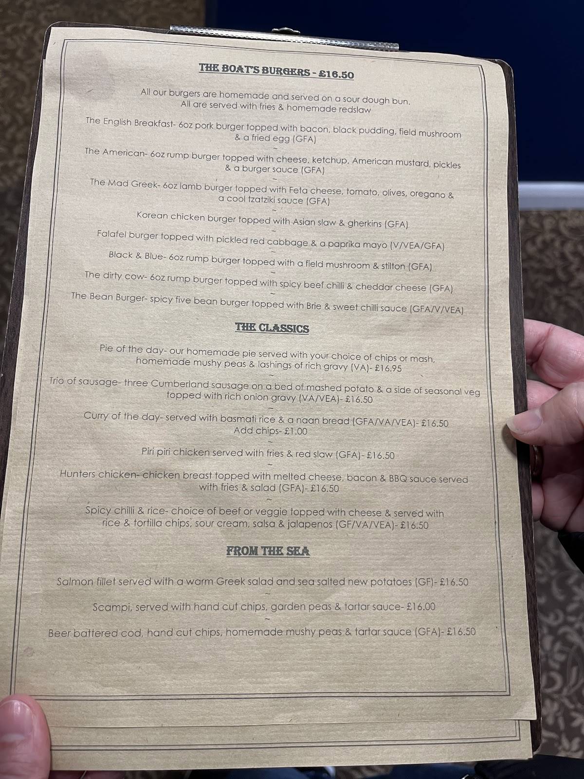 Menu at The Boat Inn pub & bar, Matlock