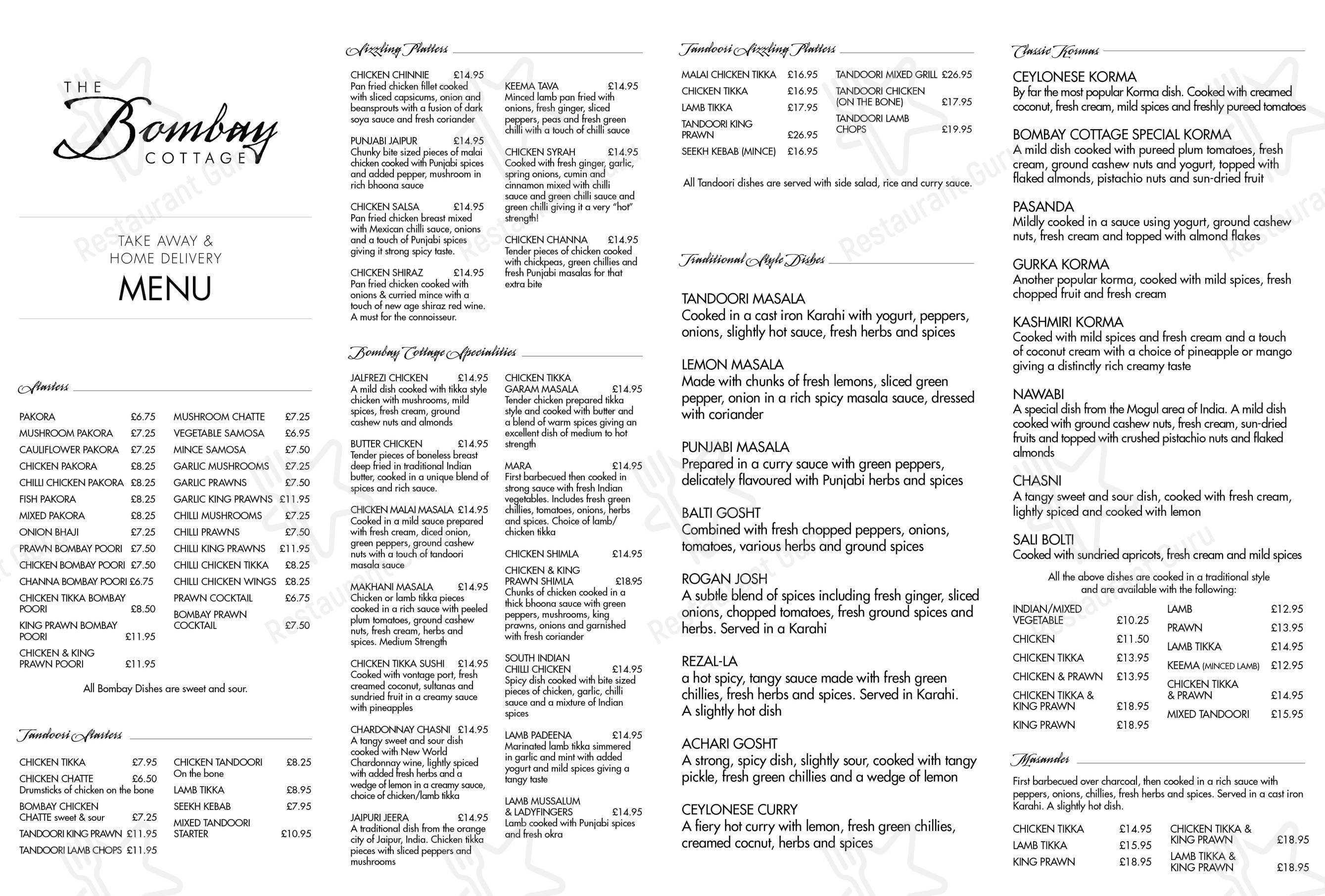 Menu at The Bombay Cottage restaurant, Hamilton, 4 Lower Auchingramont Rd