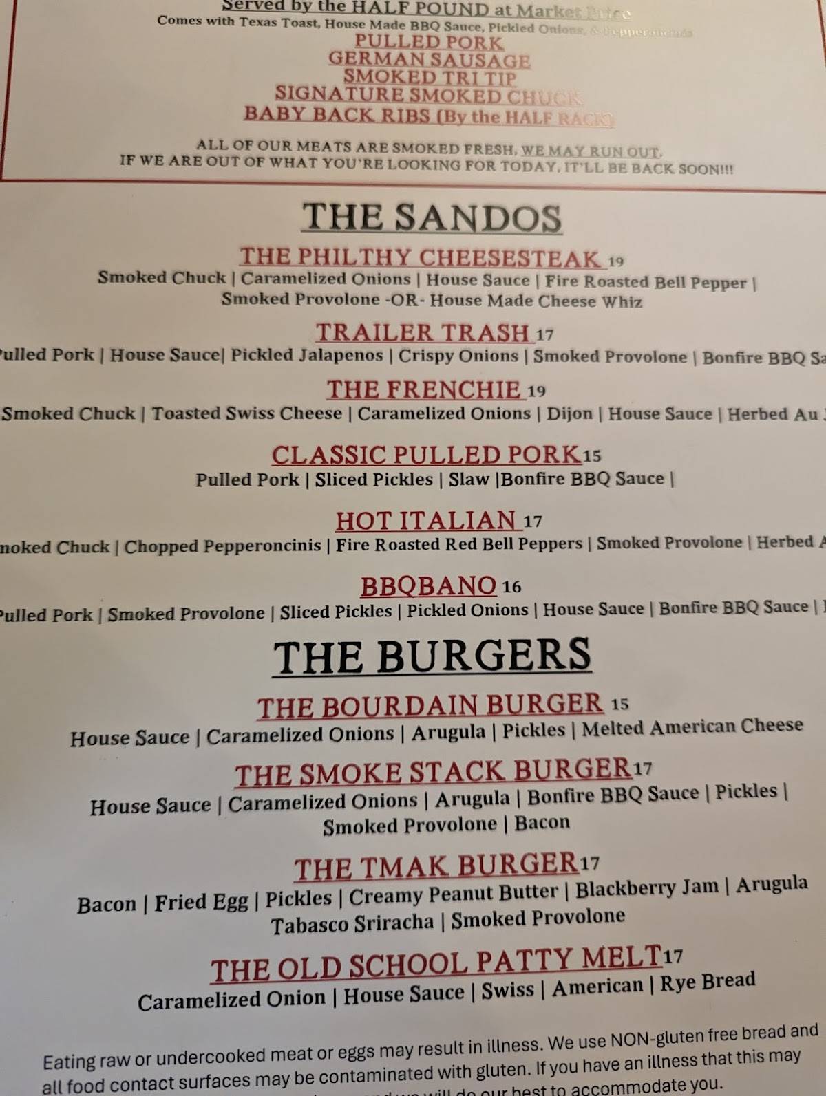 Menu at The Bonfire restaurant, Walla Walla