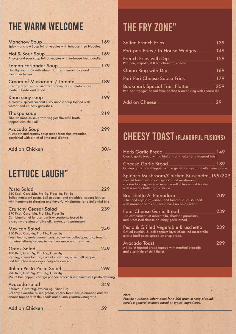 Menu at The Bookmark Cafe, Kalyan