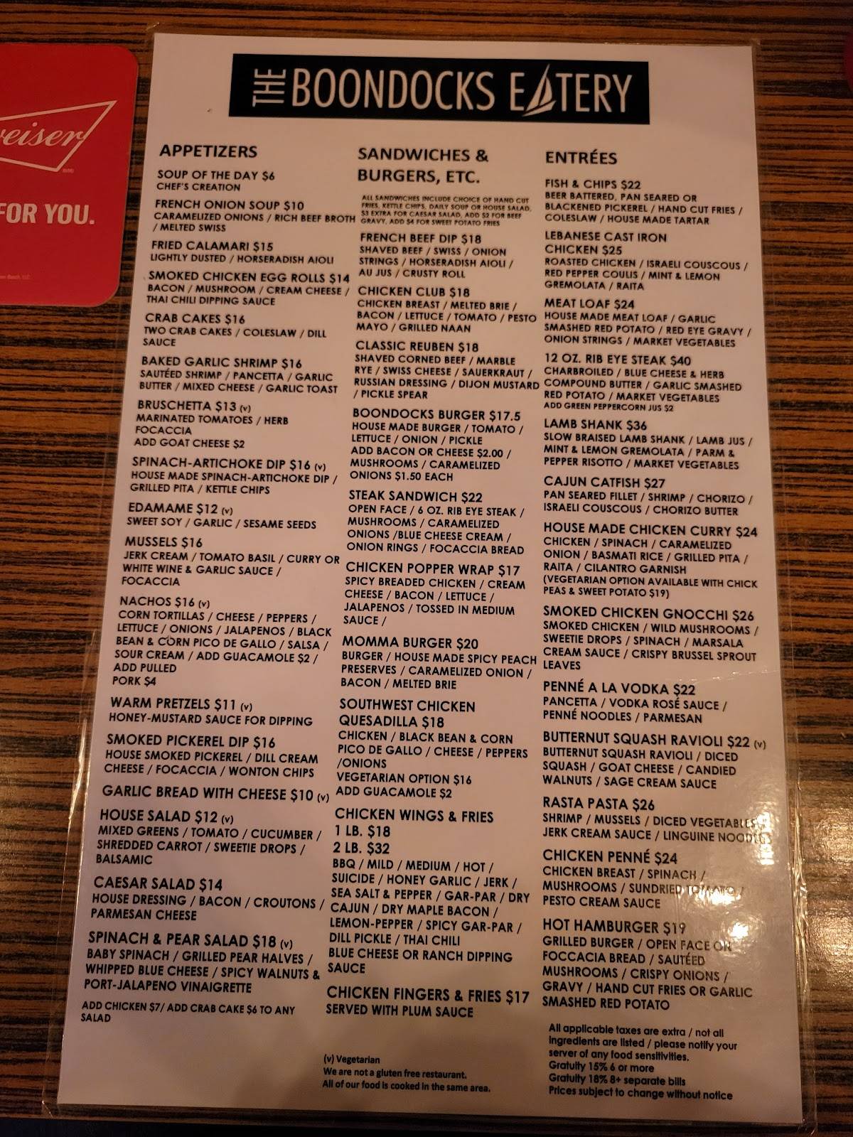 Menu at The Boondocks Eatery restaurant, Georgina