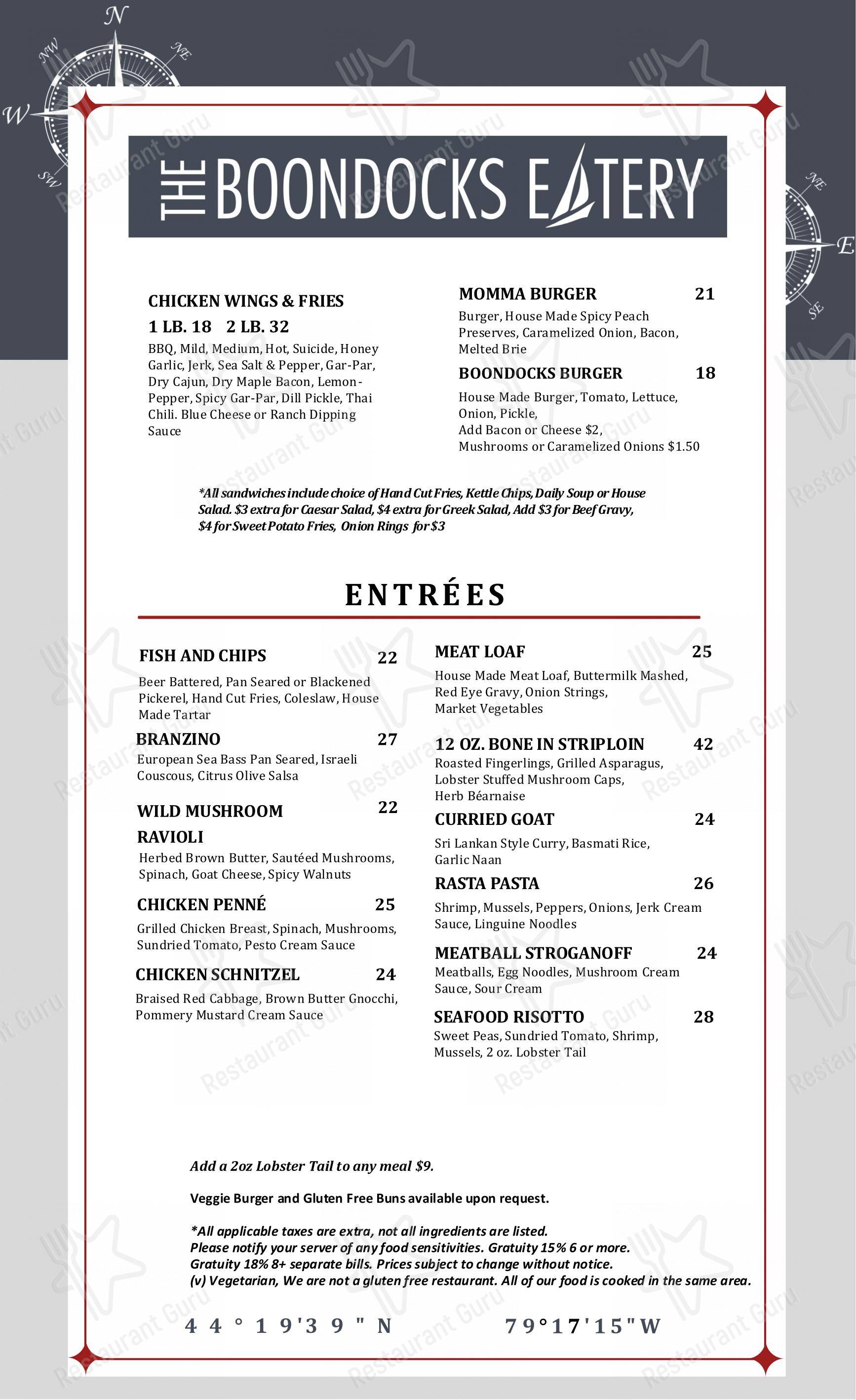 Menu at The Boondocks Eatery restaurant, Georgina